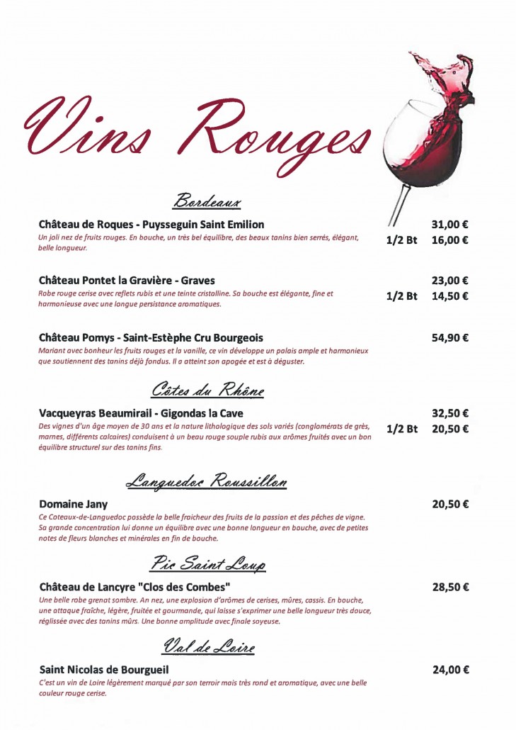 Cartes des vins – DOMAINE DE MALCHAMPS RESTAURANT